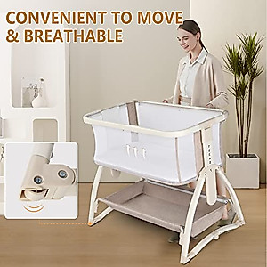 JOYMOR Bedside Sleeper Rocking Bassinet, Height Adjustable Breathable Net Bed Side Baby Cribs with Washable Mattress,Mosquito Net,Storage Basket for Infants, Beige