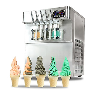 Kolice Commercial 5 Flavors Soft Ice Cream Machine, 3+2 Mixed Flavors Gelato Ice Cream Maker-ETL Certificate, Upper Tanks Refrigerated, Full Transparent Dispenser Set