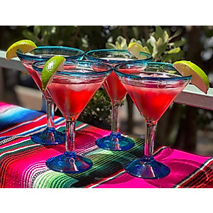 Mexican Hand Blown Glass – Set of 4 Hand Blown Modern Margarita Glasses - Aqua Rim (12 oz)