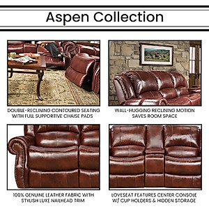 Hanover Aspen 100% Genuine Leather Double-Reclining Sofa, Small Couch with Nailhead Trim, Plush Deep-Seating Couches for Living Room, Den, or Man Cave, Oxblood