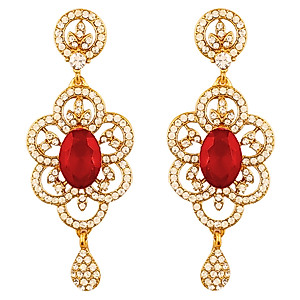 Touchstone Indian Bollywood Royal Handcrafted Style Statement Faux Ruby Red And White Rhinestones Pretty Stunning Designer Jewelry Long Chandelier Earrings In Antique Gold Tone For Women.
