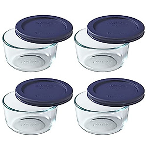 Pyrex (4) 7202 1-Cup Glass Bowls & (4) Pyrex 7202-PC 1-Cup Dark Blue Lids