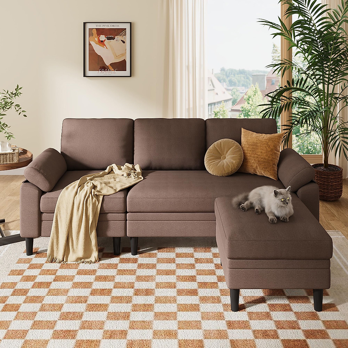 LINSY HOME 82" Reversible Sectional Sofa Couch, 3 Seater L -Shaped Sofa with Ottoman, Sectional Couch with Storage Bag and Sleepable Armrest for Living Room, Brown