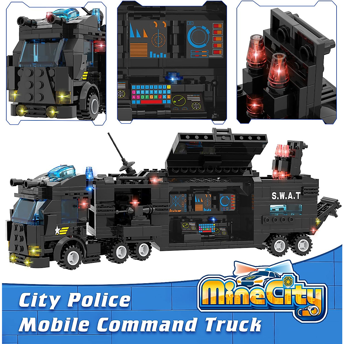 WishaLife 1100 Pieces City Police Station Building Kit, SWAT Mobile Command Center Truck Building Toy with Police Car, Airplane, Boat, Fun Roleplay Police Toys Gift for Boys Girls Aged 6-12