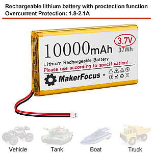 MakerFocus 3.7V LiPo Battery 10000mAh Lithium Rechargeable Battery with Integrated Protective Board, Insulation Coating and PH2.0A Plug for Raspberry Pi UPS Board and Other