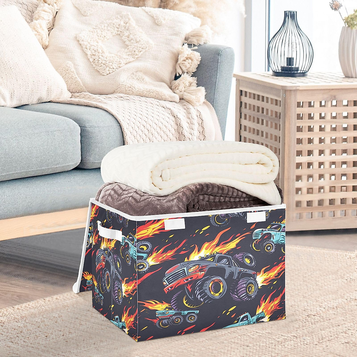 DALAWU Containers Baskets with Lids Monster Truck Running Fabric Foldable Storage Bins Organizer with Lid Collapsible Storage Boxes for Home Bedroom Closet Office