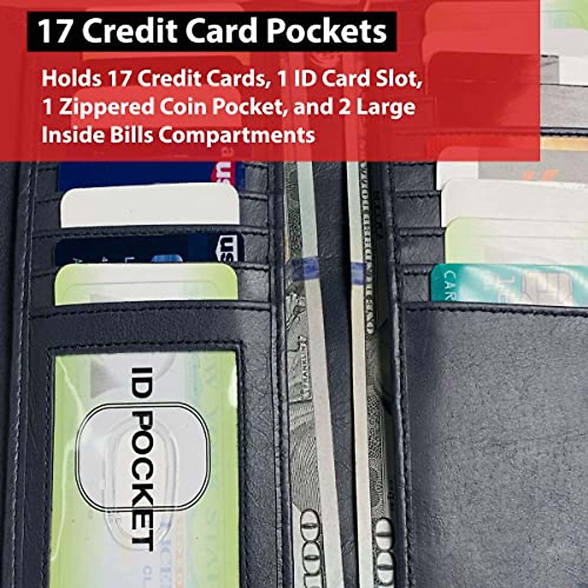 IBRO Motorcycle Chain Wallet for Men – 100% Natural Genuine Leather, Long Trifold RFID Blocking, Credit Card Money Organizer - Men’s Trucker Biker Metal Chain Wallets Steel Blue