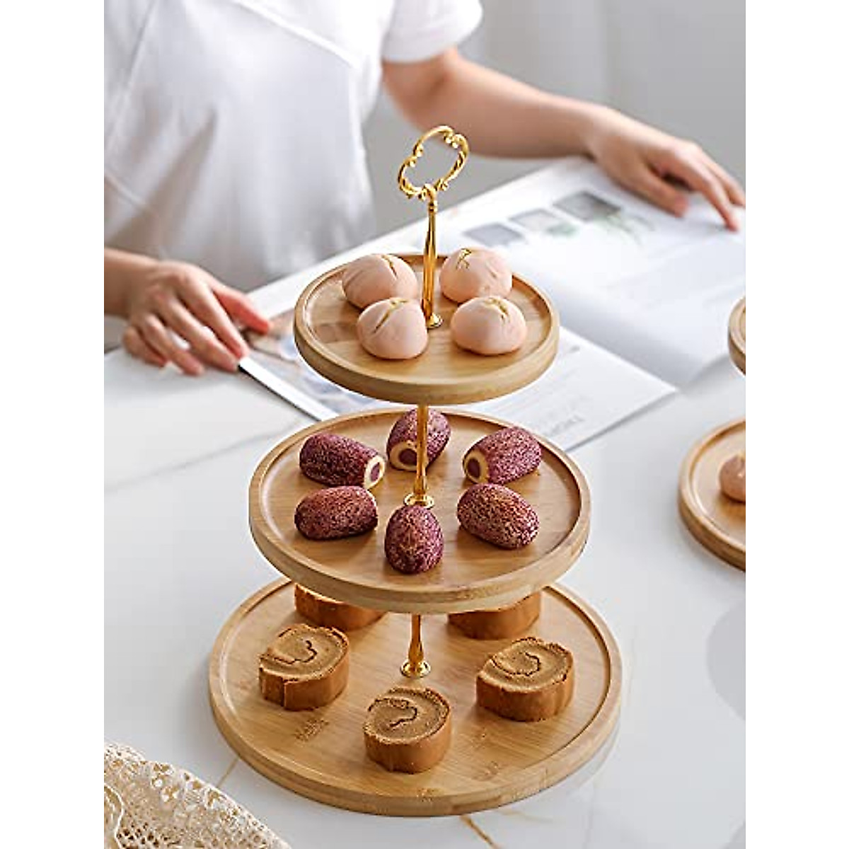 Renawe 3 Tier Bamboo Wooden Cupcake Stand Three Tiered Dessert Stand Wooden Tiered Tray Serving Platter for Wedding Cupcake Display Stand Tier Cake Holder Stand