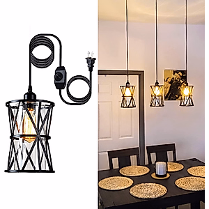 HMVPL Farmhouse Plug in Pendant Light, Outdoor Swag Lamp with Plug in Cord On/Off Dimmer, Plug in Hanging Light Fixture for Dining Room Bedroom Kitchen Island(1 Pack)