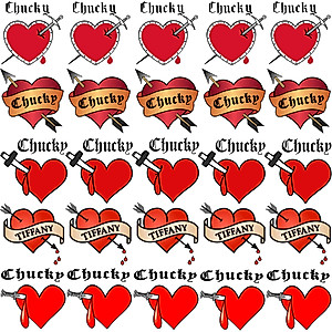 VANTATY 25 PCS 3D Bride Of Chucky Tattoo Heart, Tiffany Costume Bride Of Chucky For Women Kids Girls, Bride Of Chucky Heart Temporary Tattoo Stickers, Halloween Costume Zombie Chucky Makeup Kit