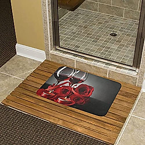 Coral Velvet Bath Rugs Non Slip Shower Mat for Bathroom Absorbent Kitchen Floor Carpet,1 PCS,Red Wine Glasses Red Rose Heart White 19.7x31.5 Inch
