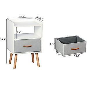 LUCKNOCK NightStand with Fabric Drawer, Bedside Table with Solid Wood Legs, Minimalist and Practical End Side Table with Open Storage Shelf for Bedroom, White.