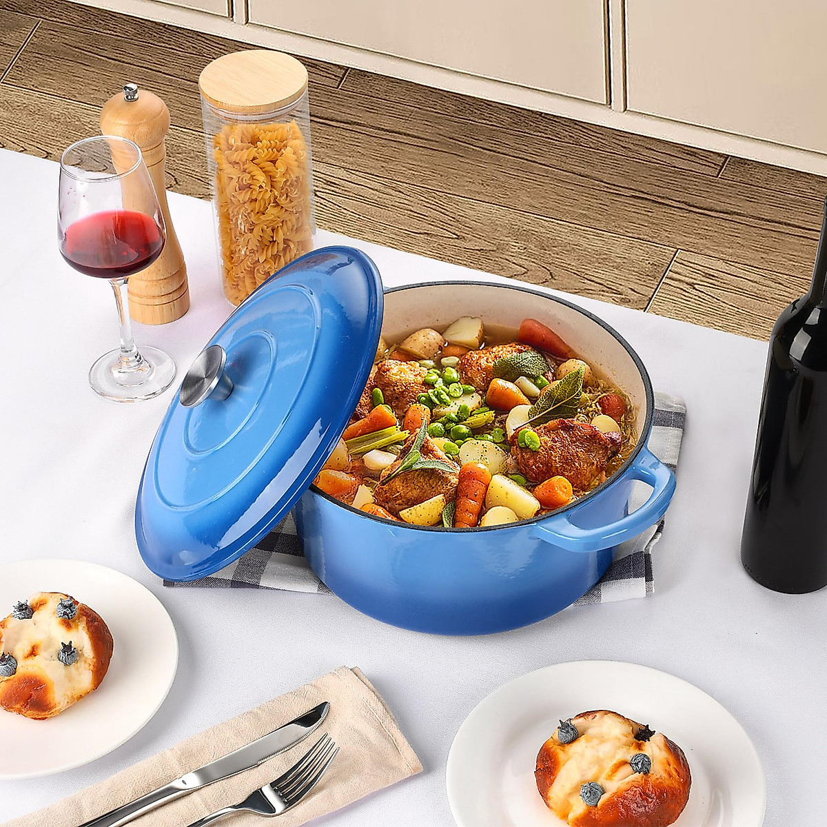 6 Quart Enameled Dutch Oven with Lid, P&P CHEF Cast Iron Dutch Oven Pot, Enamel Round Dutch Oven Cooking Pot for Braising, Stewing, Roasting, Baking, Various Stoves & Oven Safe, (Blue)