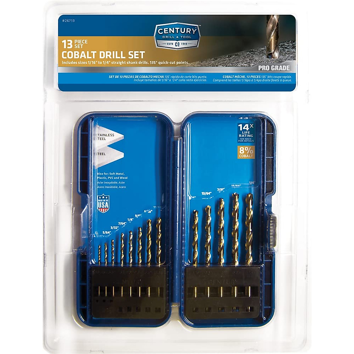 Century Drill & Tool, 26713, 13 PC Set,Jobber Drill Bit,ProGrade, Cobalt Steel, High Speed Drill Bit Pack