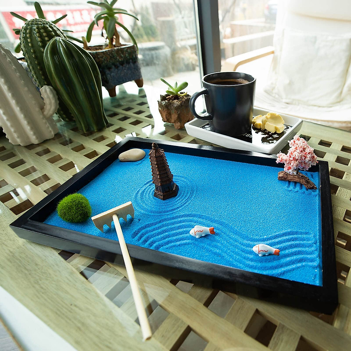 Zen Garden - Zen Garden Decor for Desk, 12.6x7.9'' Zen Garden for Home, Office Desktop Accessories, Mini Zen Garden Kit for Relaxation and Meditation (Blue)