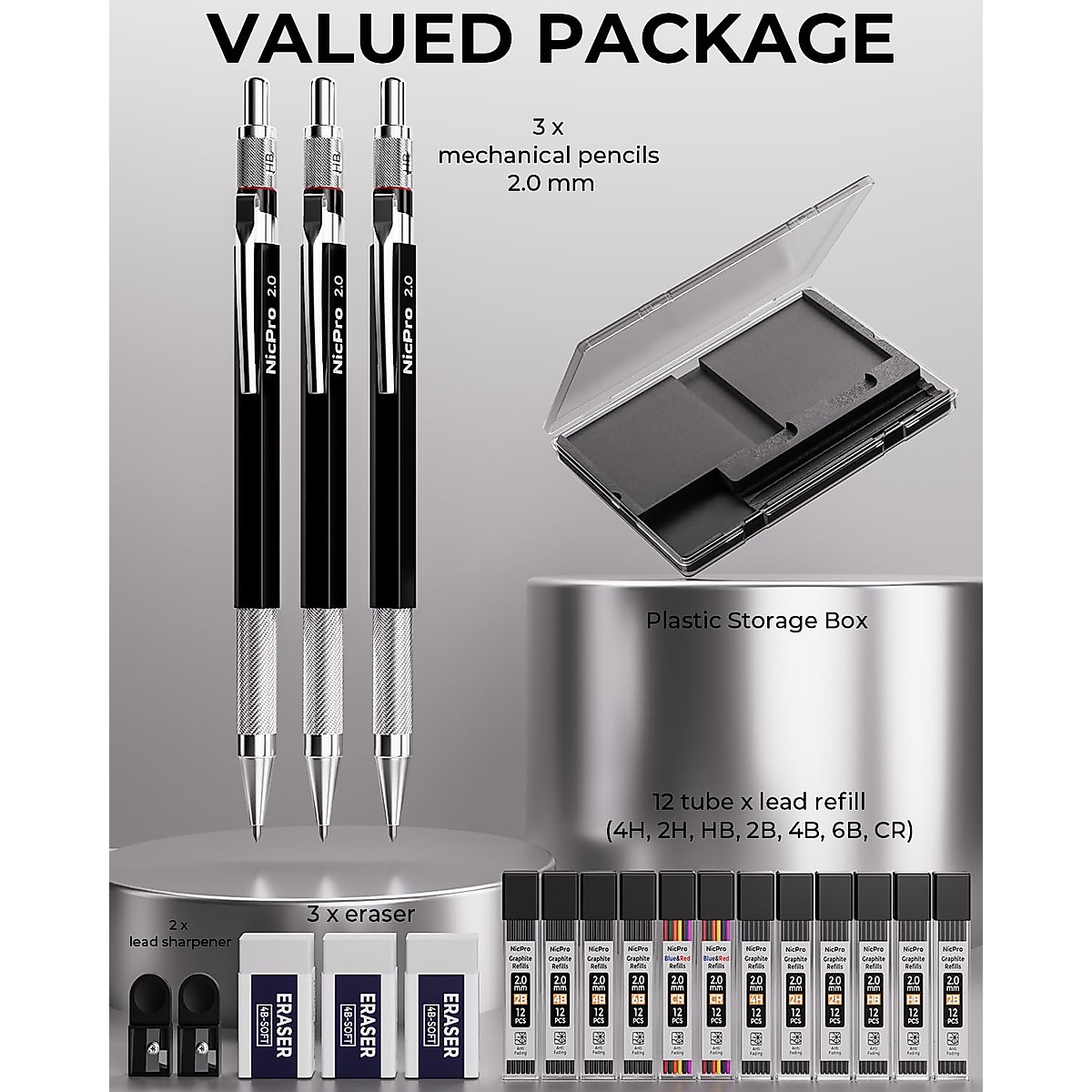 Nicpro 2mm Metal Mechanical Pencil Set with Case, 3PCS Lead Pencil Holder 2.0 mm with 144PCS Lead Refills (4H 2H HB 2B 4B 6B Color), Eraser, Sharpener for Drafting Writing Drawing Sketching