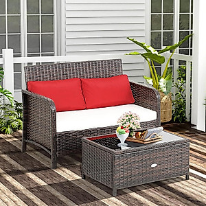 RELAX4LIFE 2-Piece Wicker Outdoor Loveseat, Patio Furniture Set w/Love Seat, Glass-Top Coffee Table & Cushions, 2-Seater Conversation Sofa Couch for Balcony Porch, Rattan Patio Loveseat with Table