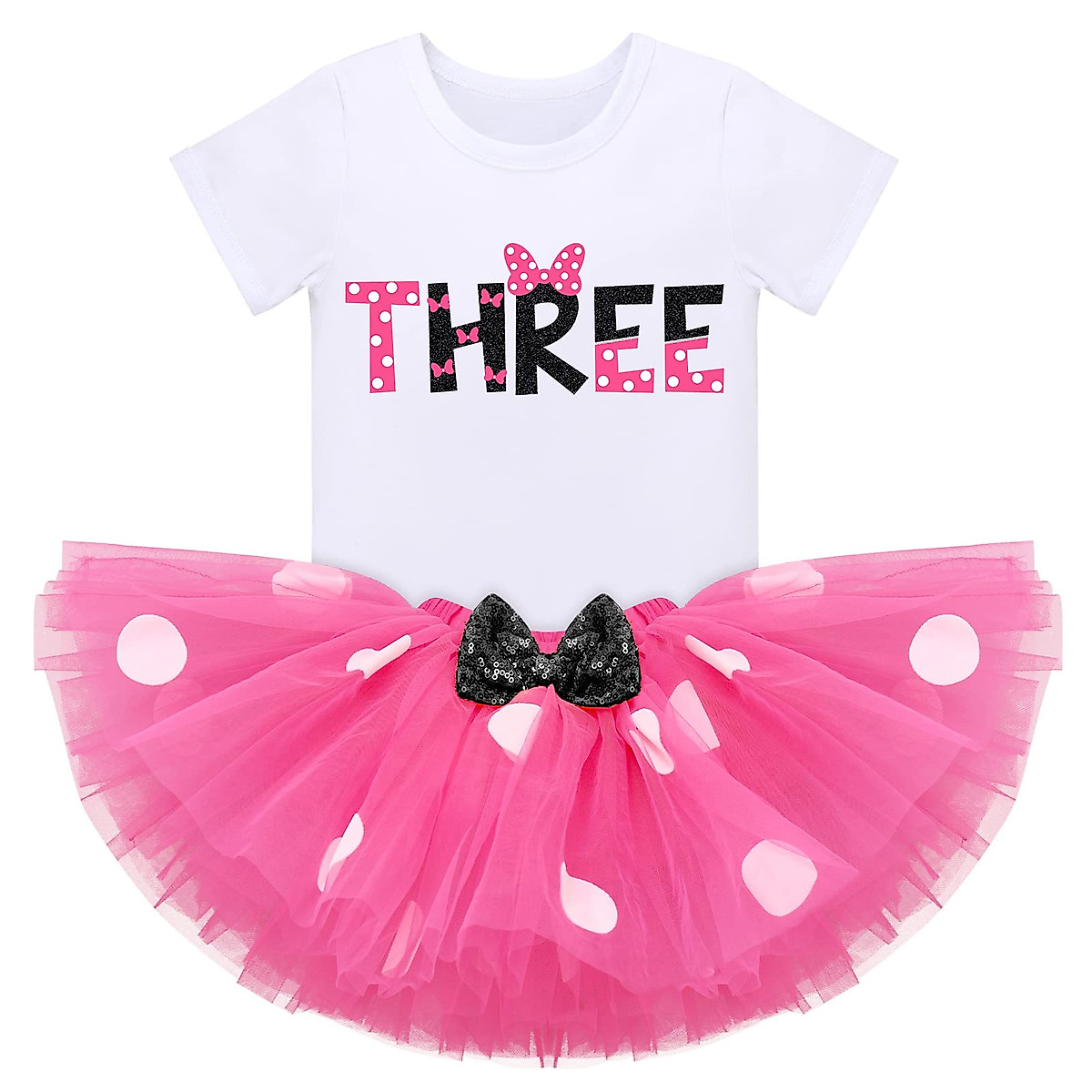 Mouse 3rd Birthday Outfit Baby Girl Short Sleeve T-Shirt Top Polka Dots Mini Tutu Skirt Headband 3 Years Old Cake Smash Photo Props I'm Three Toddler Third Birthday Party Supply Hot Pink + Black 3T