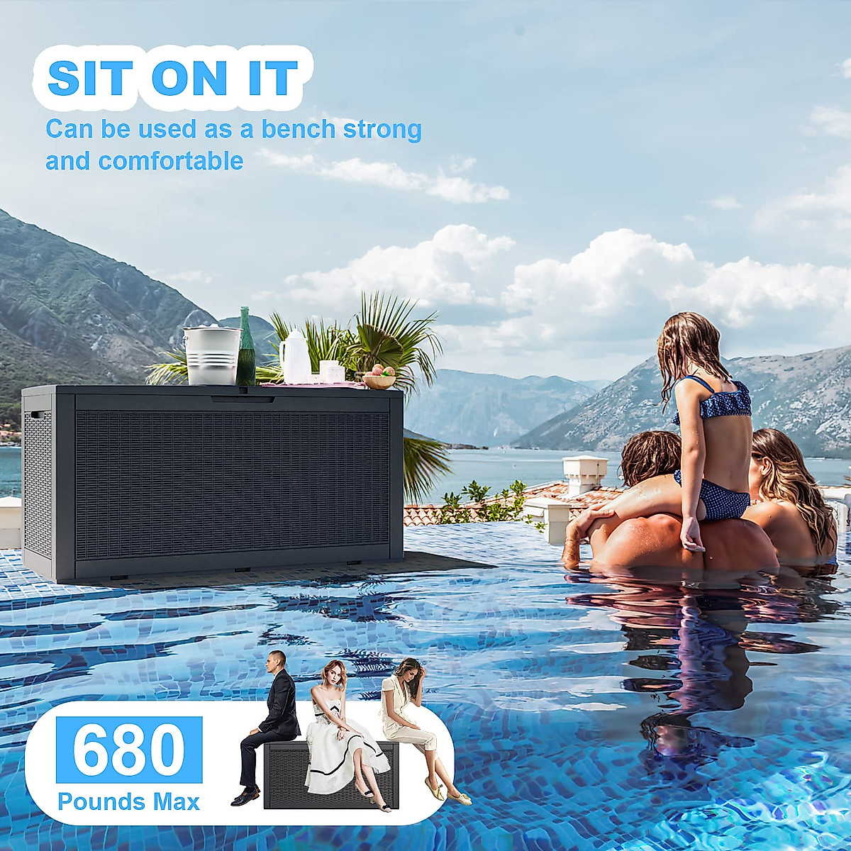 GGYI 100 Gallon Waterproof Outdoor Resin Deck Box with Lockable Lid, Stylish Wicker Pattern, Easy Assembly Features and Convenient Handles For Cushion, Pillows and other Patio Furniture (Black)