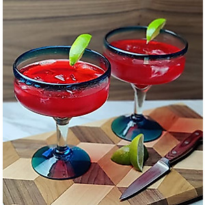 Mexican Hand Blown Glass – Set of 4 Hand Blown Margarita Glasses (16 oz) with Aqua Blue Rims