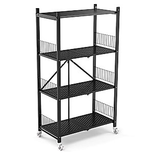 GLANDU 4-Shelf Collapsible/Foldable Heavy Duty Shelving Unit, Steel Organizer Wire Rack with Wheels, Rolling Cart, Home Kitchen Laundry Closet Storage(4-Tier)