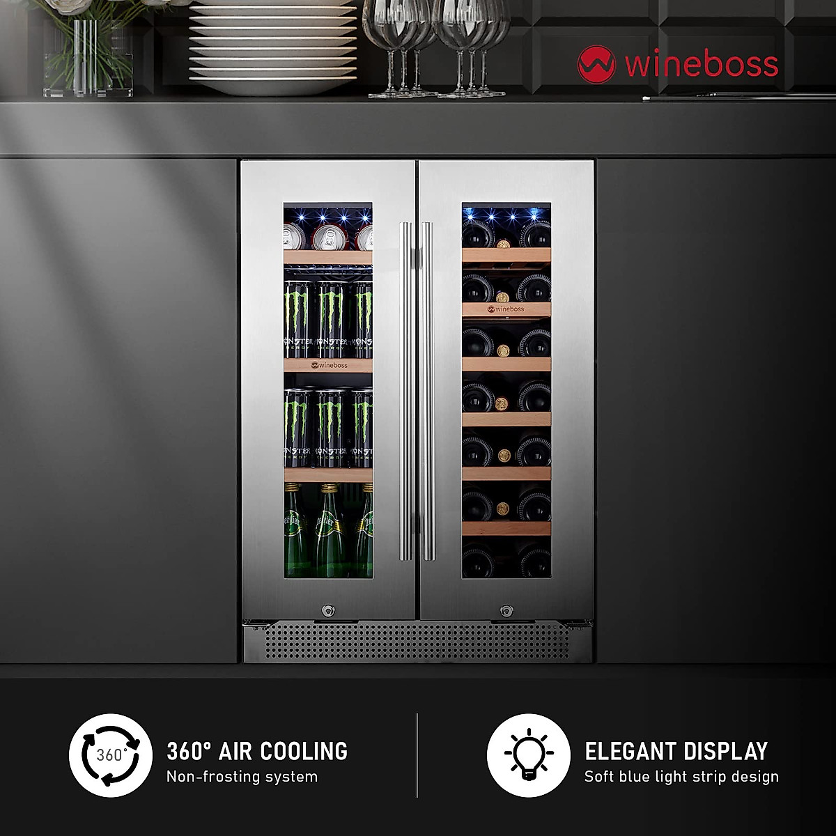WINEBOSS 24 Inch Wine and Beverage Refrigerator, 20 Bottle & 88 Cans Dual Zone Beverage Fridge, Built-in Cabinet Wine Cooler, Freestanding Drink Chiller with Upgraded Compressor for Commercial Office
