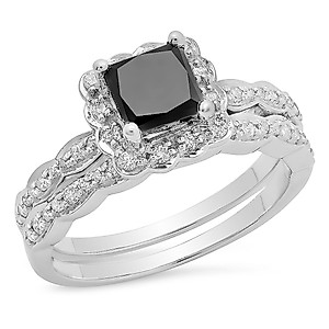 Dazzlingrock Collection 1.80 Carat (ctw) 10K Black & White Diamond Bridal Halo Engagement Ring Set, White Gold, Size 8