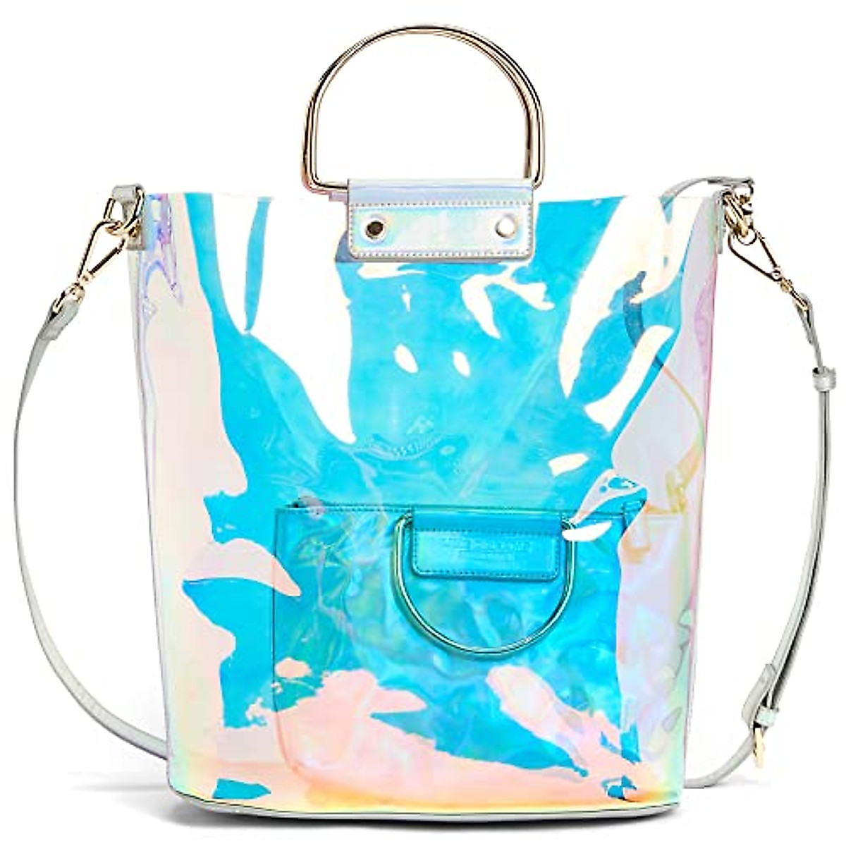 Like Dreams Women's Transparent PU Hologram 2 in 1 Tote Bag Set Gold Handle Inner Pouch Handbag (Hologram)