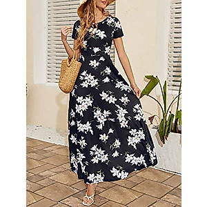 ZABERRY Womens Floral Maxi Dresses Summer Short Sleeve Round Neck Long Dress Lily Floral L