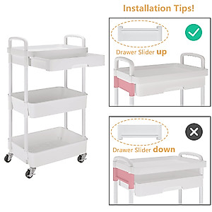 Calmootey 3-Tier Rolling Utility Cart with Drawer,Multifunctional Storage Organizer with Plastic Shelf & Metal Wheels,Storage Cart for Kitchen,Bathroom,Living Room,Office,White