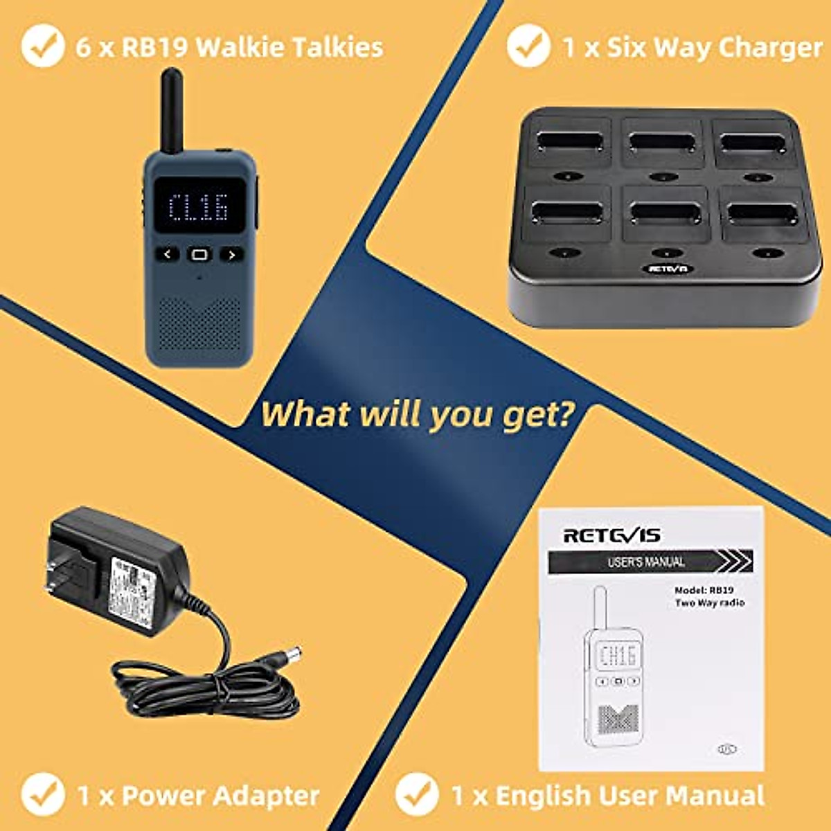 Retevis RB19 Walkie-Talkie, Hands Free Portable Rechargeable Two Way Radio 6 Pack with 6 Way Multi Charger, 1650mAh Battery, LCD Display, 2 Way Walkie Talkies for Adults Office School Dental