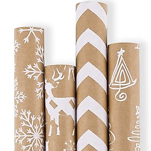 RUSPEPA Christmas Wrapping paper - Brown Kraft Paper with 3D White Christmas Elements Print Paper - 4 Roll-30Inch X 10Feet Per Roll