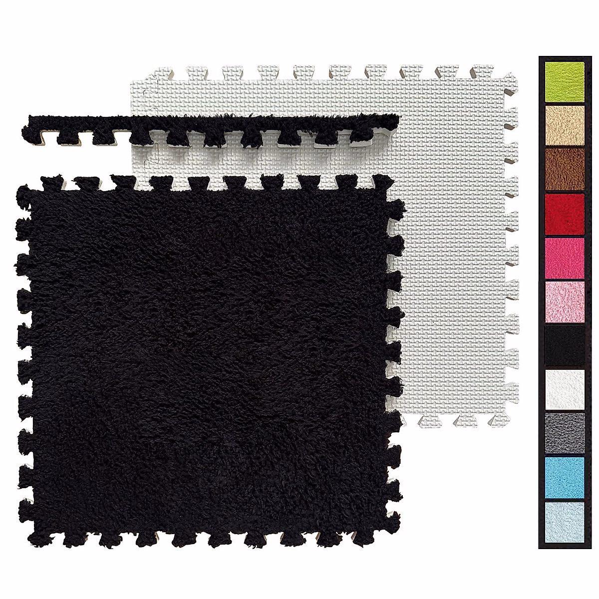 12 Pcs Shaggy Interlocking Foam Carpet Tiles - 12" x 12", 12 Sq,Ft Kids Carpet Squares Protective Floor Mats Crawling Exercise Area Rugs for Children Room, Home or Classroom Use, Black