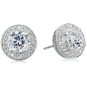 Amazon Collection womens Sterling Silver Cubic Zirconia Halo Pendant Necklace and Stud Earrings Jewelry Set