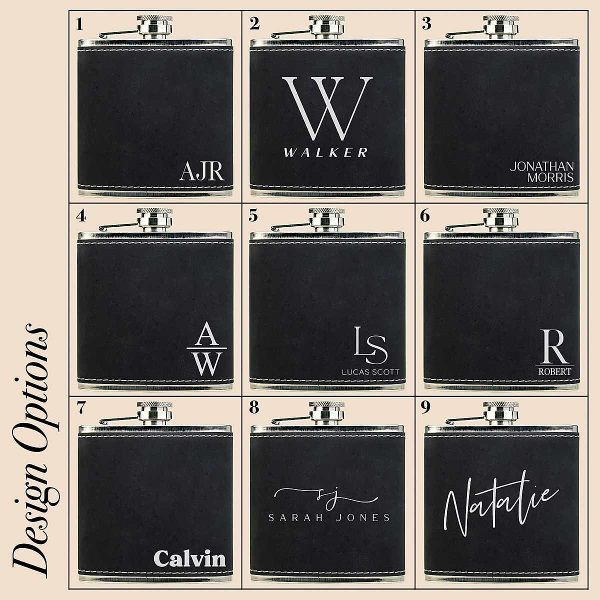 Personalized Flask For Wedding Gift. Customized Flask Gift Set. Engraved Leatherette Flask With Optional Gift Box For Groomsmen Gifts. Engraved Flask (Rustic & Gold)