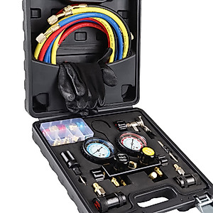 LICHAMP AC R1234YF R134A Gauge Set, Automotive 4 Valve Manifold Gauge Compatible with R1234YF and R134A Refrigerants, Works on Car Freon Charging and Evacuation