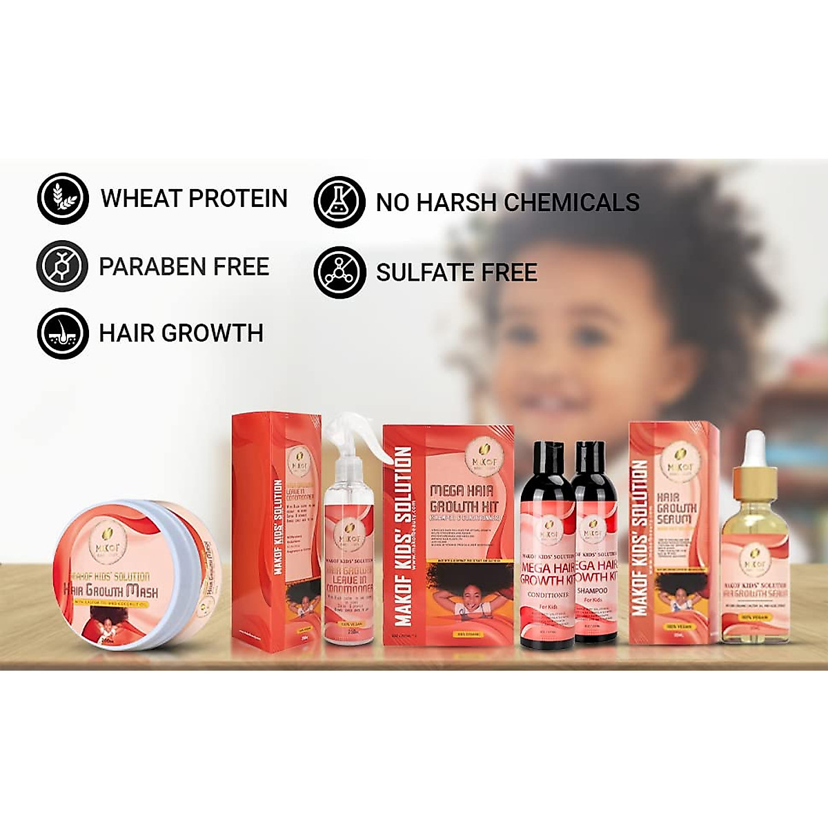 MAKOF Kid’s Hair Growth Set. Shampoo & Conditioner with black castor oil, Wheat Protein, Argan, Jojoba, Aloe Vera, , Mask Treatment and Leave-in, Sulfate Paraben Free, No harsh chemicals.