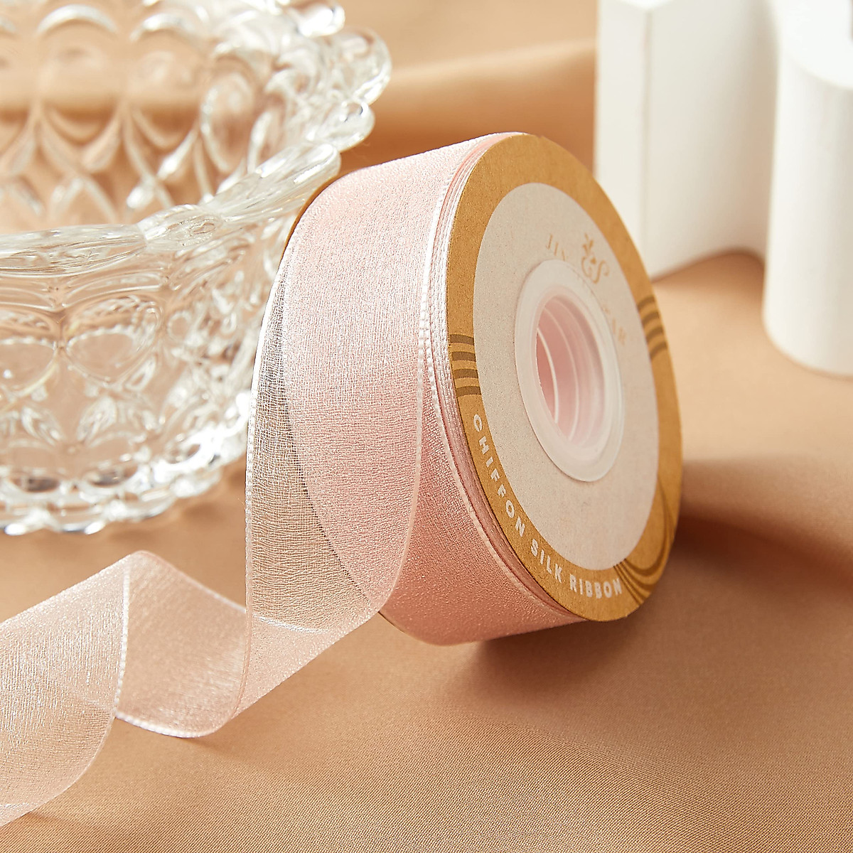 JINGLESTAR 1 Inch Wide Sheer Chiffon Ribbon - Pearl Silk Woven Ribbon Suitable for Gift Wrapping, Wedding Decor, Home Decor, Girl Hair Accessories Handmade DIY (25 Yards/roll) (Baby Pink)