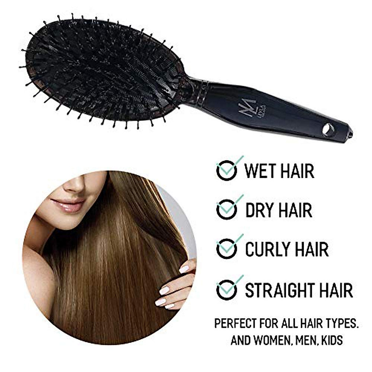 Leyla Milani Hair Detangler Brush - Miracle Brush Human Hair Brushes for Sensitive Scalp, Gentle Detangling, Shine, Volumizing, Nylon Boar Bristle, Best Paddle Brush for Women, Men, Kids (Black)