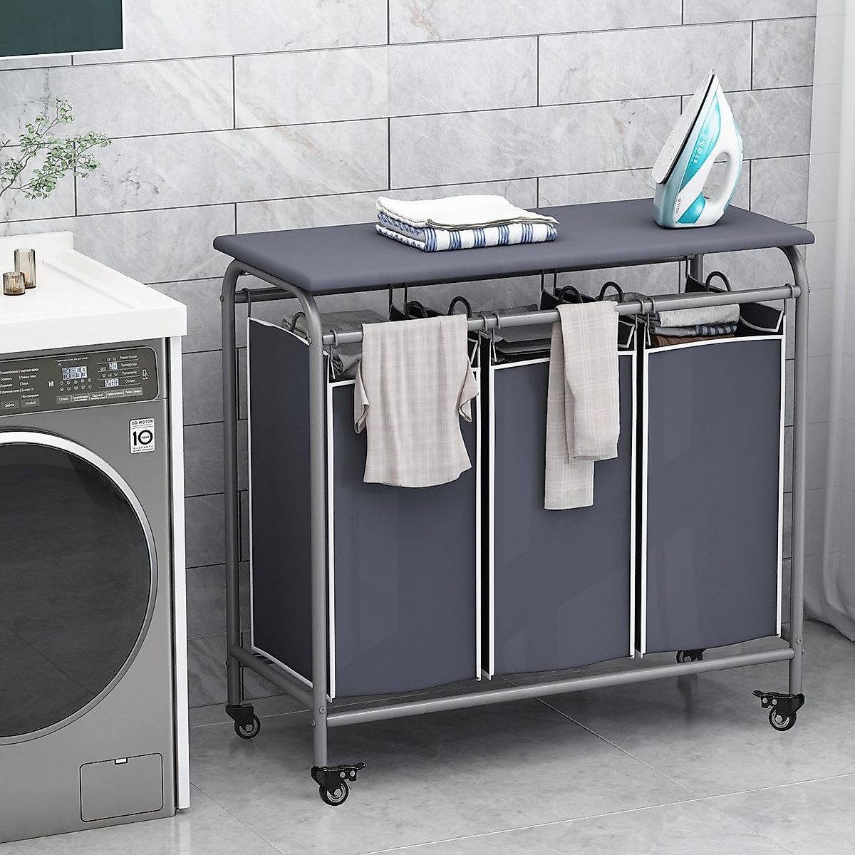 LINZINAR 3 Bag Laundry Basket Sorter Heavy Duty Rolling Lockable Wheels Laundry Hamper Cart with Ironing Board and Removable Bags, Grey