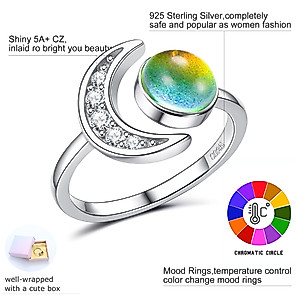 ADRAMATA 925 Sterling Silver Mood Ring Moon Star Open Adjustable Rings for Women 18K White Gold Plated Color Changing Rings Temperature-Control Star and Moon Rings Statement Jewelry, Round
