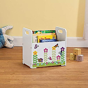 Fox Valley Traders Kids Wooden Book Caddy, Children’s Book Storage Bin, Flowers and Butterflies Design