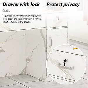 AGOTENI Reception Desk Reception Stations with Open Shelf & Drawers, Wooden Counter Desk with Lockable Drawer for Office Reception Room (Marble White)