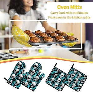 Skull Oven Mitts and Pot Holders 4pcs Sets，Funny Kitchen High Heat Resistant Oven Mitts，with Oven Gloves and Hot Pads Pot Holders for Baking Cooking BBQ Grilling