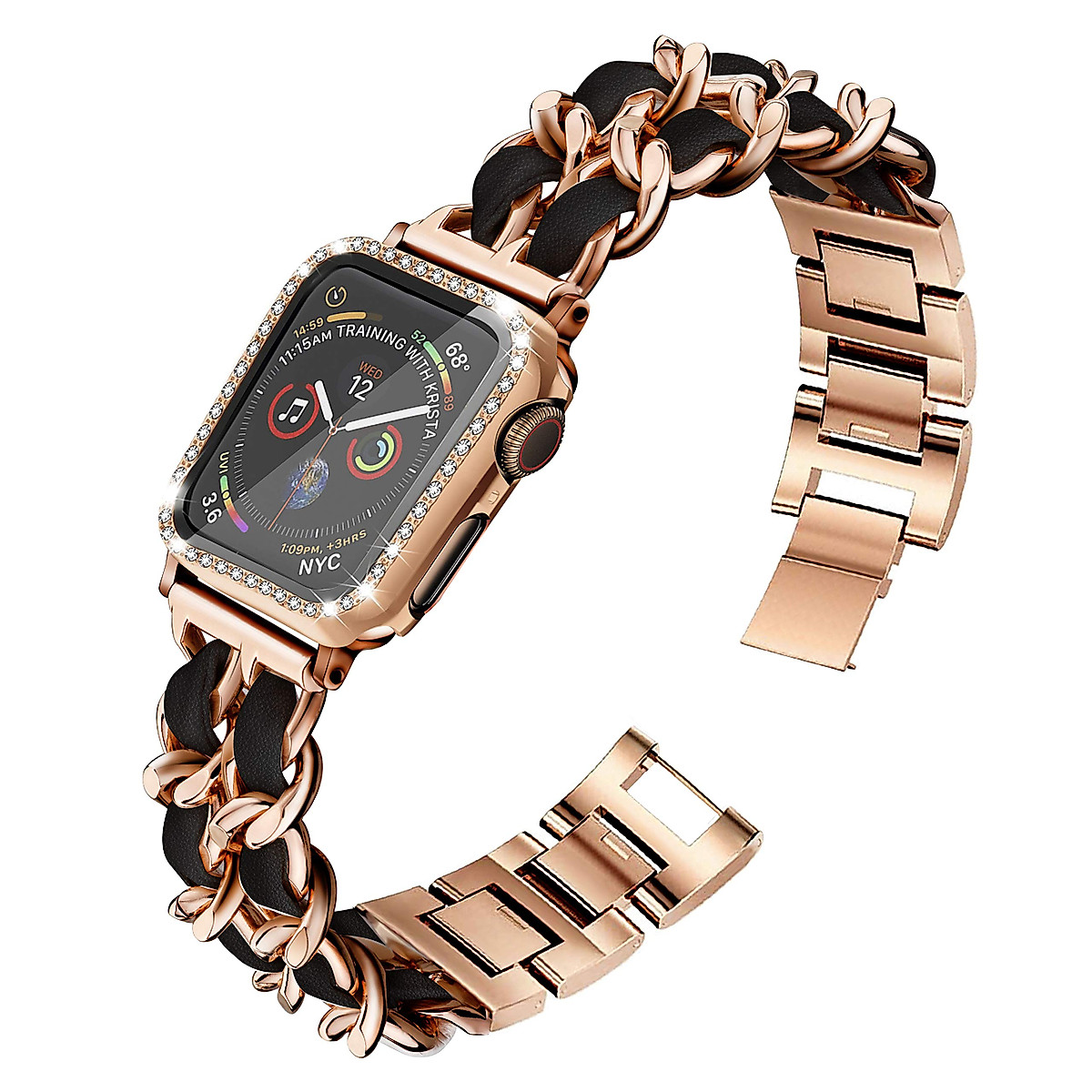 Mosonio Compatible for Apple Watch Band 40mm with Screen Protectors Case Women, Jewelry Bracelet Metal Bands with 2 Pack Bling Case Cover for iWatch Series SE 6 5 4(Rose Gold Link with Black Leather)