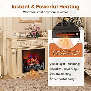 COSTWAY 26-inch Eternal Flame Electric Fireplace Log, 1500W Fireplace Insert with Remote Control, Realistic Lemonwood Ember Bed, 8H Timer, 5 Flame Modes, Fireplace Log Heater for Home Decor, Black