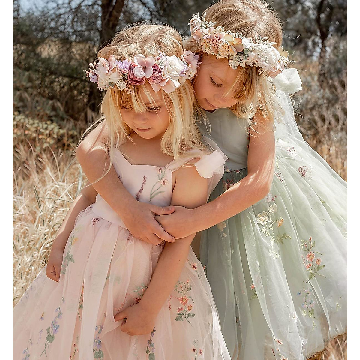 JISISANG Flower Girl Dresses for Wedding Toddler Short Floral Embroidered Tulle Bow-Knot Pageant Princess Boho Summer Swing Dress for Girls Kids Peach Pink 2