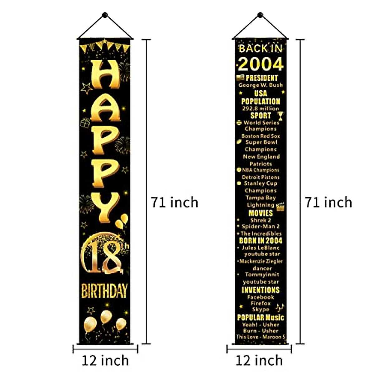 18th Birthday Door Banner Decorations for Boys & Girls, Black Gold Happy 18th Birthday Back in 2004 Sign Party Supplies, 18 years old Birthday Door Porch Decor