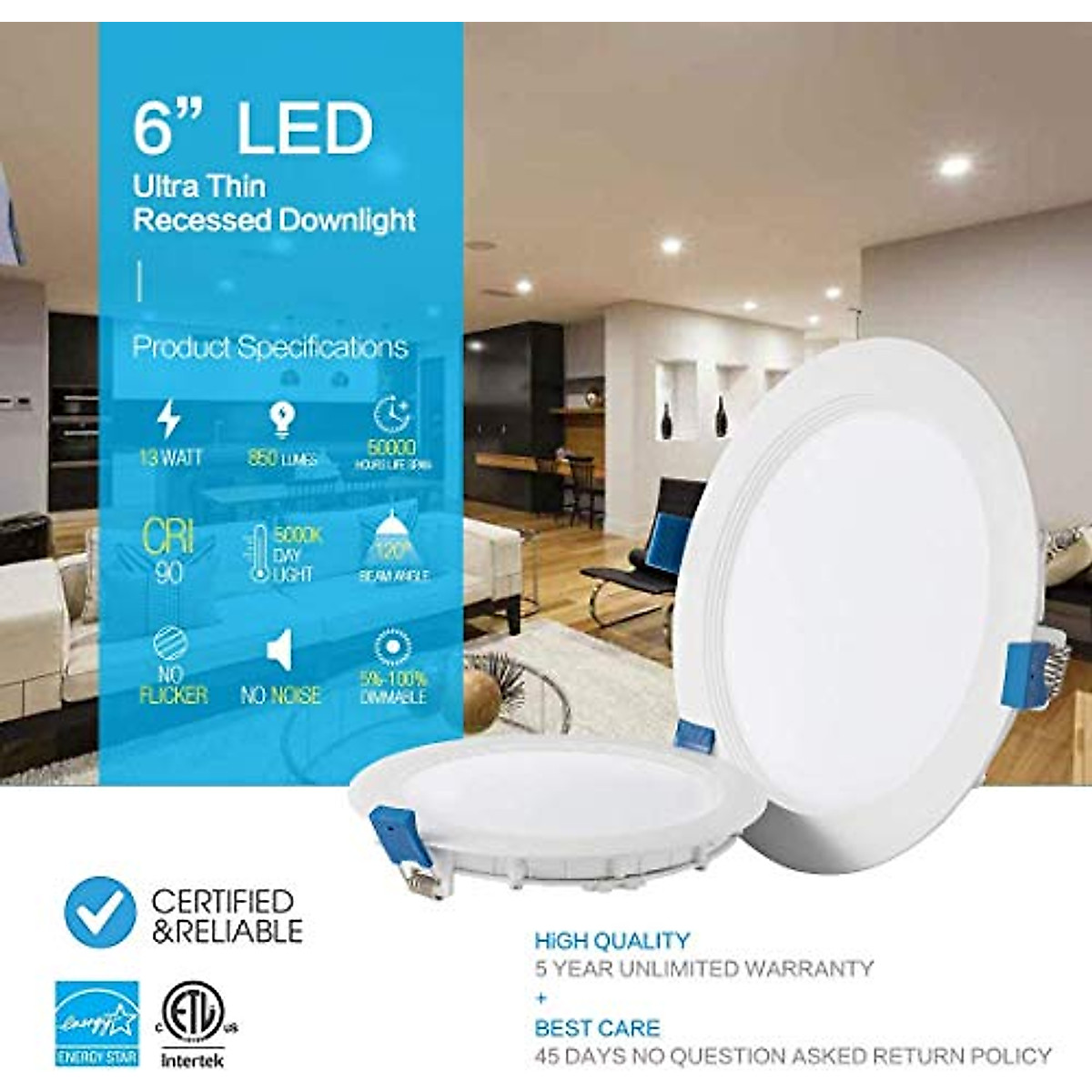 SAATLY 13W 6 inch LED Recessed Lighting, Ultra Thin Ceiling Downlight with Junction Box, 5000K Daylight Dimmable, 850lm 110W Eqv. ETL Certified, Pack of 12