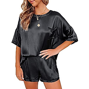 Ekouaer Satin Pajamas for Women Short Sleeve Silk Pajama Sets Soft Sleepwear Top with Causal Pj Shorts Black L